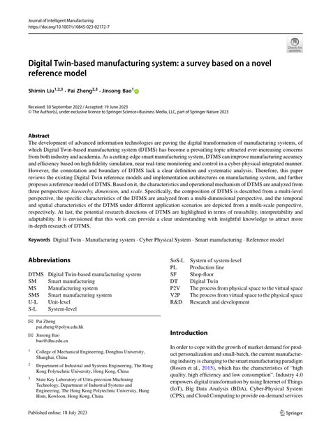 Pdf Digital Twin Based Manufacturing System A Survey Based On A Novel Reference Model
