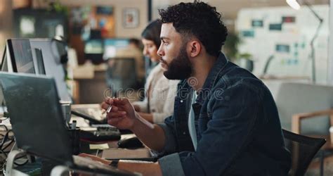 Web Developer Man And Technology In Office With Thinking Of Solution