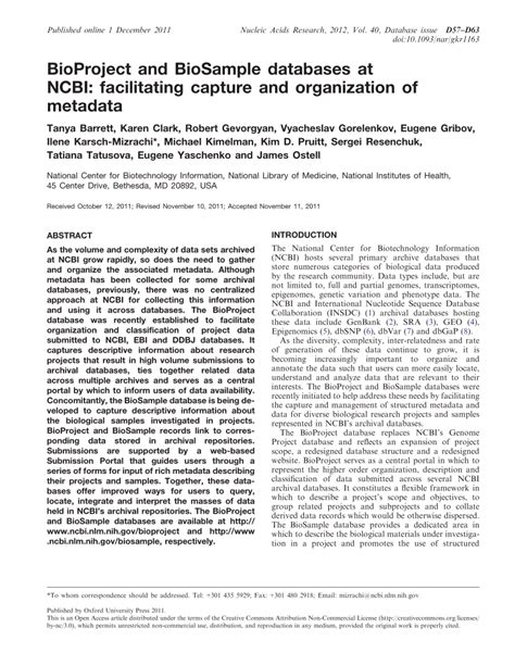 Pdf Bioproject And Biosample Databases At Ncbi Facilitating Capture