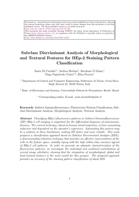 Pdf Subclass Discriminant Analysis Of Morphological And Textural Features For Hep 2 Staining