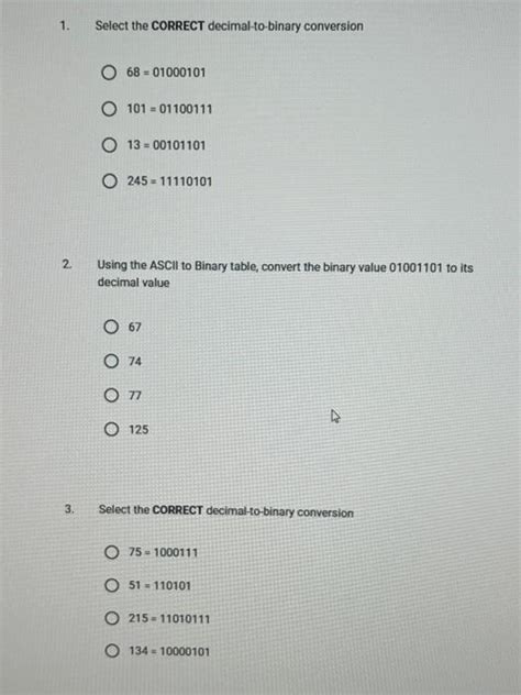 solved 1 select the correct decimal to binary conversion