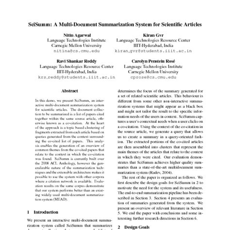 scisumm a multi document summarization system for scientific articles