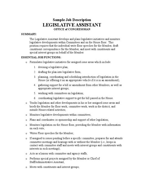 Legislative Assistant Job Description Pdf United States Congress