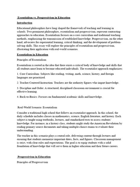 Essentialism Vs Progressivism Pdf Learning Curriculum