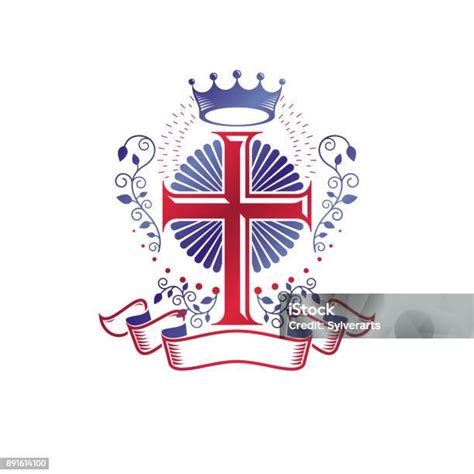 기독교 종교 상징의 교차 팔의 문장 학 외 투 고립 벡터 일러스트 레이 션 꽃 장식 및 럭셔리 로얄 크라운으로 구성 되어 있습니다 고딕 양식에 대한 스톡 벡터 아트 및 기타