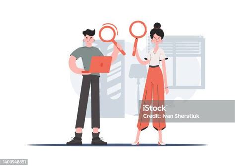 한 남자와 한 여자가 돋보기를 손에 들고 완전히 성장하고 있습니다 검색 프리젠 테이션 사이트를위한 요소 가상현실에 대한 스톡 벡터 아트 및 기타 이미지 Istock