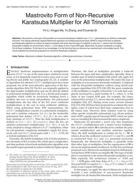 Pdf Mastrovito Form Of Non Recursive Karatsuba Multiplier For All Trinomials