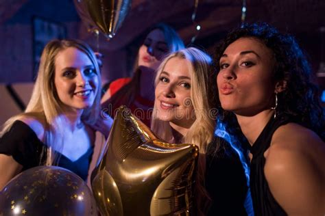 Pretty European Girls Smiling Blowing Kisses Having Party At Night