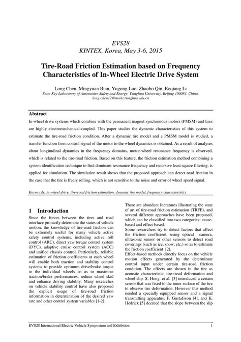 Pdf Tire Road Friction Estimation Based On Frequency Characteristics Of In Wheel Electric