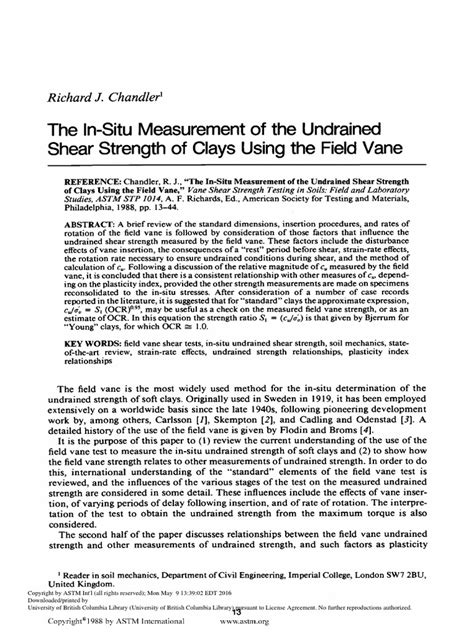 1988 The In Situ Measurement Of The Undrained Shear Strength Of Clays Using The Field Vane Pdf