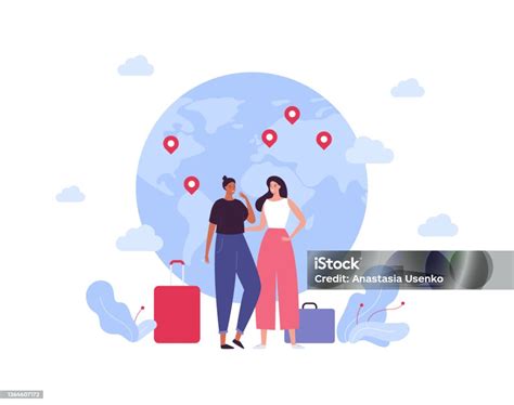 관광 및 글로벌 여행 개념 벡터 플랫 피플 일러스트레이션 지도 핀 배경과 행성 지구에 수하물과 가방을 가진 여성 가족 이나