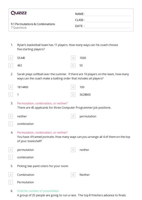 Permutation Worksheet 7th Grade