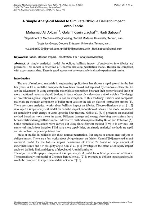 Pdf A Simple Analytical Model To Simulate Oblique Ballistic Impact Onto Fabric Applied