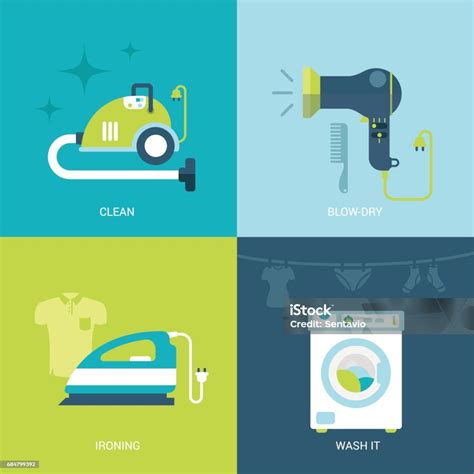 전자 및 엔터테인먼트 아이콘의 평면 디자인 벡터 일러스트 레이 션 개념 집합입니다 진공 청소기 타격 헤어 드라이어 철 세탁기 큰 평면 컬렉션입니다 디자인에 대한 스톡 벡터