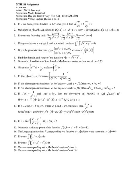 Mth 211 Assignment Pdf Mathematical Analysis Applied Mathematics