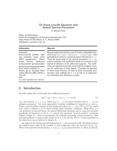 Pdf On Sturm Liouville Equations With Several Spectral Parameters
