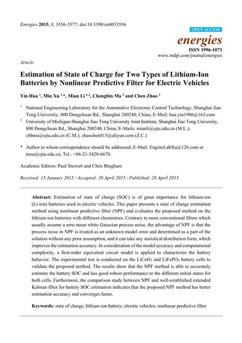 PDF Estimation Of State Of Charge For Two Types Of Lithium Ion Batteries By Nonlinear