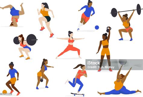 다문화 운동선수와 건강한 활동적인 사람들이 요가 달리기 점프 스트레칭 축구 리프팅 웨이트 및 스케이트 보드 다양성 캐릭터 컨셉