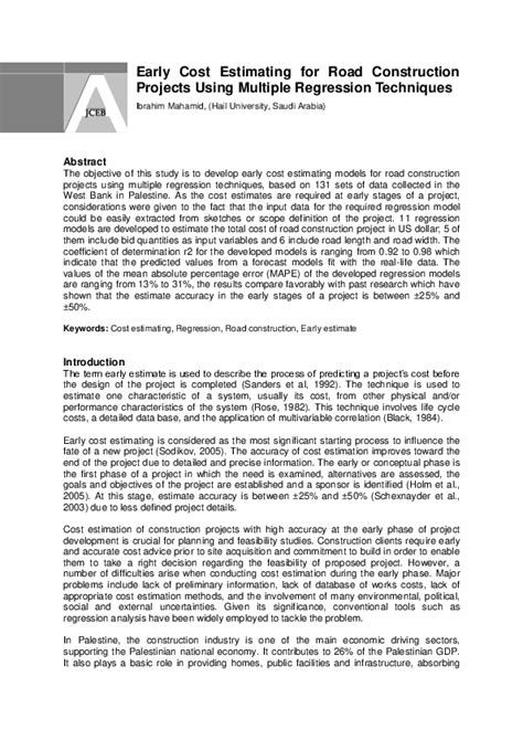 Pdf Early Cost Estimating For Road Construction Projects Using