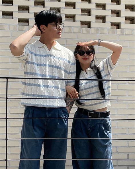 히요리 데일리커플룩 트임 꽈배기 단가라 반팔 니트 봄 여름 커플룩 여행룩 신혼여행 제주도 커플시밀러룩