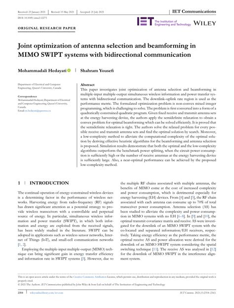 Pdf Joint Optimization Of Antenna Selection And Beamforming In Mimo Swipt Systems With