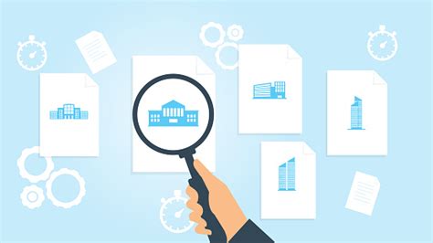 건물 파일 문서 연구 벡터 그림 검색 아이콘으로 문서작성합니다 파일 및 돋보기 분석 연구 기호입니다 벡터 일러스트레이션 돋보기