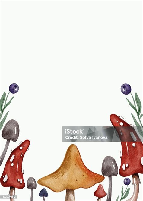 손으로 그리는 수채화 버섯 복사 공간 프레임 포스터 카드 템플릿 메뉴 레스토랑 디자인 인쇄 삽화 축하 수확 축제에 사용 10월에 대한 스톡 벡터 아트 및 기타 이미지