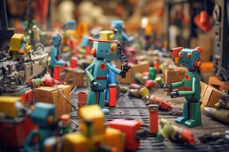 Premium Ai Image Colorful Toy Assembly Line With Robots At Work