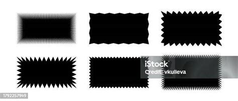 지그재그 가장자리 사각형 모양 모음입니다 들쭉날쭉한 사각형 요소 집합입니다 장식 배너 포스터 템플릿 스티커 배지 라벨 태그 전단지에 대한 블랙 그래픽 디자인 요소 팩 벡터