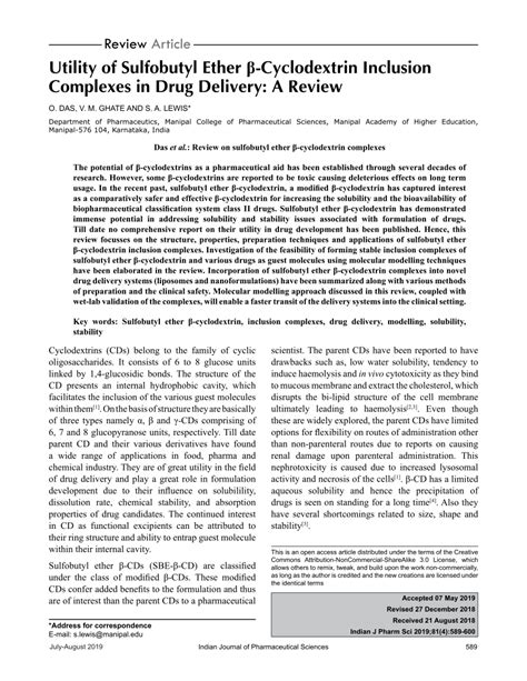 Pdf Utility Of Sulfobutyl Ether β Cyclodextrin Inclusion Complexes In