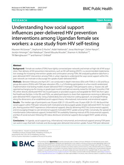 PDF Understanding How Social Support Influences Peer Delivered HIV Prevention Interventions