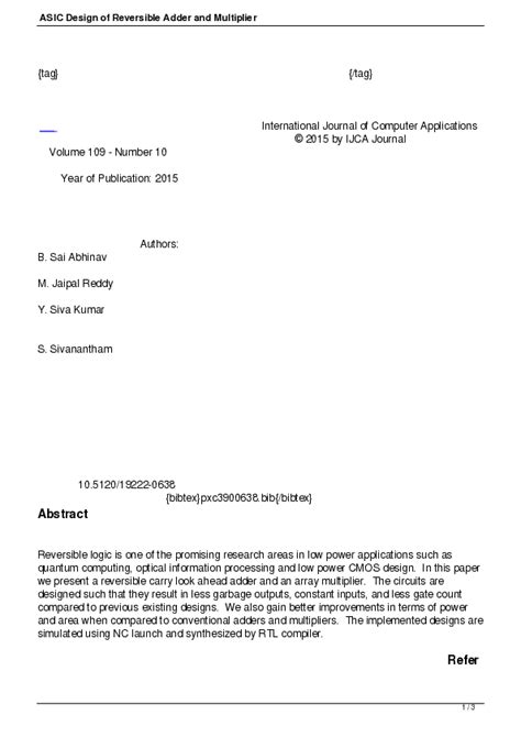 Pdf Article Asic Design Of Reversible Adder And Multiplier Sai