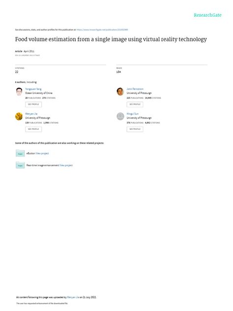 Food Volume Estimation From A Single Image Using Virtual Reality Technology Pdf Virtual