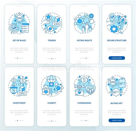 Dao Elements And Usage Purpose Blue Onboarding Mobile App Screens Set Stock Vector
