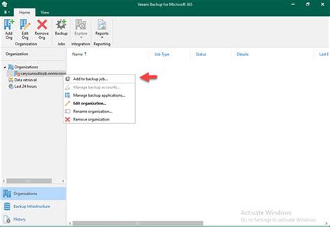 how to create a backup job to backup the organization objects to azure