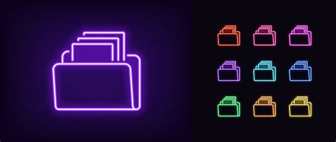 윤곽선 네온 파일 아카이브 아이콘 세트입니다 문서가 있는 빛나는 네온 디지털 폴더 데이터 저장 정리 파일 관리 디지털 데이터 카탈로그 문서 사본 저장소 데이터베이스 아카이브