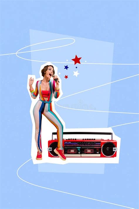 Creative Abstract Template Collage Of Funny Girl Sing Karaoke Celebrating Th July Usa