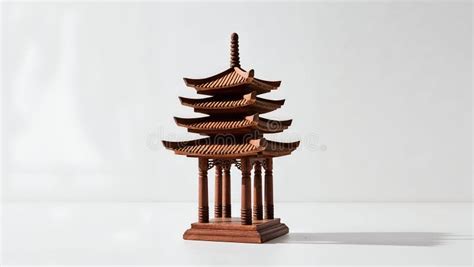 Intricately Carved Wooden Pagoda Displayed On A Clean White Surface