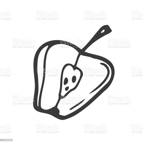 애플 슬라이스 스케치 블랙 라인 과일 일러스트 레이 션 세트 손으로 그린 스타일의 그래픽 벡터 스케치 흰색 배경에 신선한 열대