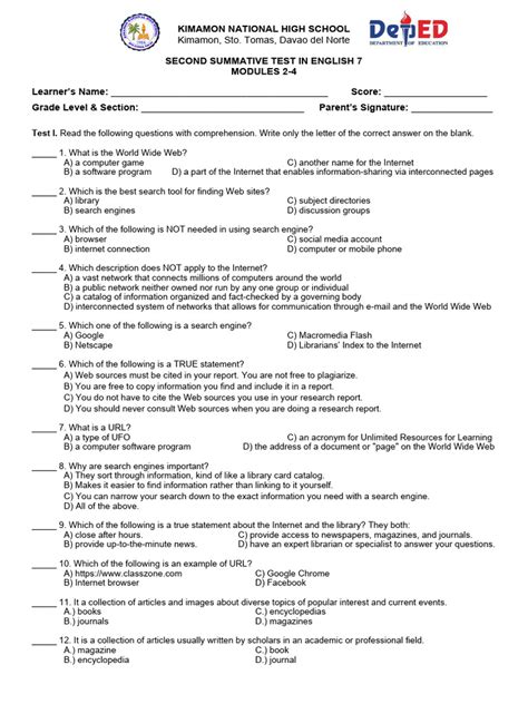 Englsih 7 Summative Test Pdf World Wide Web Internet And Web