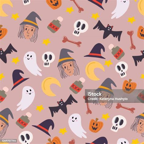 해피 할로윈 개념 할로윈 속성의 원활한 패턴 끔찍하고 무서운 휴가의 아름다운 그림 할로윈 속성의 벡터 그림을 낙서 개념에 대한 스톡 벡터 아트 및 기타 이미지 Istock
