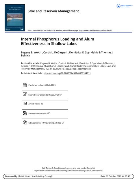 Pdf Internal Phosphorus Loading And Alum Effectiveness In Shallow Lakes