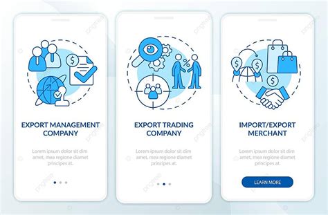 Blue Onboarding Mobile App Screen Featuring Different Import And Export Business Categories