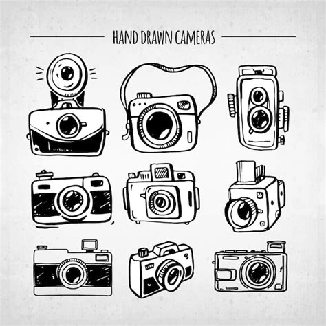 Hand Getekende Leuke Vintage Camera Collectie Premium Vector