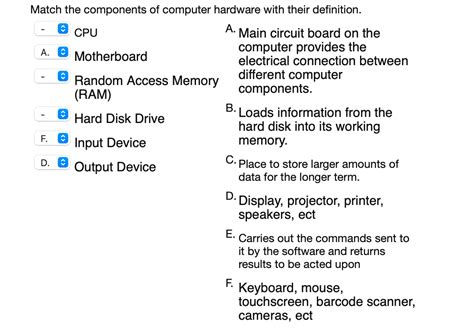 Solved Match The Components Of Computer Hardware With Their Chegg