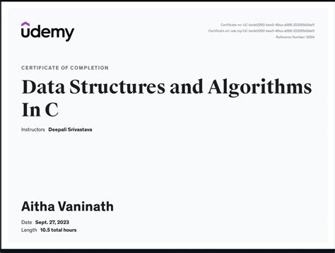 Completed Data Structures Course On Udemy Aitha Vaninath Posted On