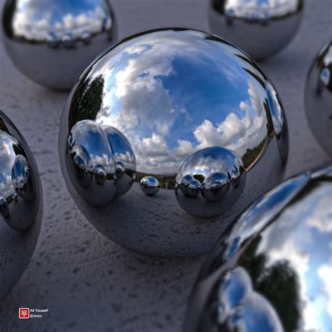 طرح گرافیکی خلاقانه رندر سه‌بعدی گوی نقره‌ای روی آسفالت کپل آرت