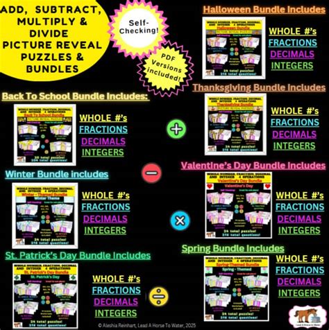 Add Subtract Multiply Divide Whole Number Fraction Decimal Integer Fall Bundle