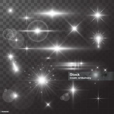 렌즈 플레어 광선 효과 태양 또는 강조 효과와 현실적인 빛나는 별 Bokeh 반짝이 장식 또는 투명 한 배경에 반짝 0명에 대한 스톡 벡터 아트 및 기타 이미지 Istock