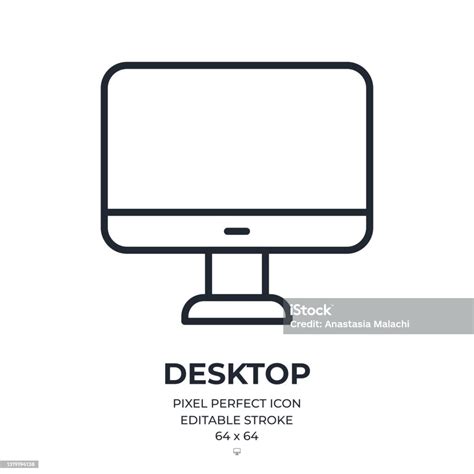 흰색 배경 평면 벡터 그림에서 격리된 데스크톱 컴퓨터 편집 가능한 스트로크 윤곽선 아이콘입니다 픽셀 완벽 64 X 64 0명에 대한 스톡 벡터 아트 및 기타 이미지 Istock